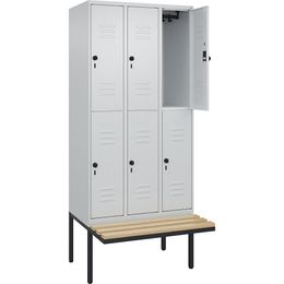 C+P Doppelstock-Spind Classic PLUS Sitzbank, 3 Abteile, lichtgrau, B 900 mm, Sicherheits-Drehriegel, auskragend, Buche-Hartholz