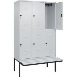 C+P Doppelstock-Spind Classic PLUS Sitzbank, 3 Abteile, lichtgrau, B 1200 mm, Sicherheits-Drehriegel, auskragend, Kunststoff