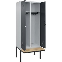 C+P Schwarz-Weiß-Spind Classic PLUS Sitzbank, 1 Abteil, lichtgrau / grau, B 800 mm, Sicherheits-Drehriegel, auskragend, Buche-Hartholz