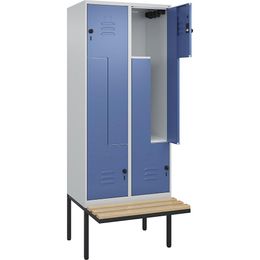 C+P Z-Spind Classic PLUS Sitzbank, 2 Abteile, lichtgrau / fernblau, B 800 mm, Sicherheits-Drehriegel, auskragend, Buche-Hartholz