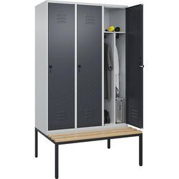 C+P Schwarz-Weiß-Spind Classic PLUS Sitzbank, schmal, 3 Abteile, Trennwand verkürzt, lichtgrau / grau, B 1200 mm, Sicherheits-Drehriegel, untergebaut, Buche-Hartholz