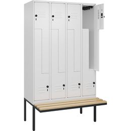 C+P Z-Spind Classic PLUS Sitzbank, 4 Abteile, verkehrsweiß, B 1200 mm, Sicherheits-Drehriegel, auskragend, Buche-Hartholz