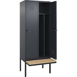 C+P Schwarz-Weiß-Spind Classic PLUS Sitzbank, schmal, 2 Abteile, Trennwand verkürzt, grau, B 800 mm, Sicherheits-Drehriegel, auskragend, Buche-Hartholz