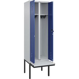 C+P Schwarz-Weiß-Spind Classic PLUS Sitzbank, 1 Abteil, lichtgrau / enzianblau, B 600 mm, Sicherheits-Drehriegel, auskragend, Kunststoff