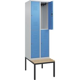C+P Doppelstock-Spind Classic PLUS Sitzbank, 2 Abteile, lichtgrau / lichtblau, B 600 mm, Zylinderschloss, untergebaut, Buche-Hartholz