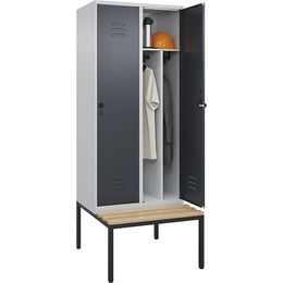 C+P Schwarz-Weiß-Spind Classic PLUS Sitzbank, schmal, 2 Abteile, Trennwand verkürzt, lichtgrau / grau, B 800 mm, Sicherheits-Drehriegel, untergebaut, Buche-Hartholz
