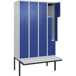 C+P Z-Spind Classic PLUS Sitzbank, 4 Abteile, lichtgrau / enzianblau, B 1200 mm, Zylinderschloss, auskragend, Kunststoff