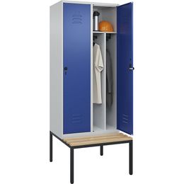 C+P Schwarz-Weiß-Spind Classic PLUS Sitzbank, schmal, 2 Abteile, Trennwand verkürzt, lichtgrau / enzianblau, B 800 mm, Sicherheits-Drehriegel, untergebaut, Buche-Hartholz