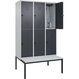 C+P Doppelstock-Spind Classic PLUS Sitzbank, 3 Abteile, lichtgrau / grau, B 1200 mm, Sicherheits-Drehriegel, untergebaut, Kunststoff