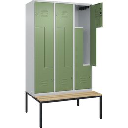 C+P Z-Spind Classic PLUS Sitzbank, 3 Abteile, lichtgrau / resedagrün, B 1200 mm, Zylinderschloss, untergebaut, Buche-Hartholz