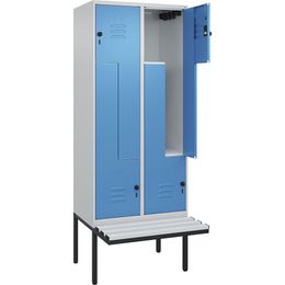 C+P Z-Spind Classic PLUS Sitzbank, 2 Abteile, lichtgrau / lichtblau, B 800 mm, Sicherheits-Drehriegel, auskragend, Kunststoff