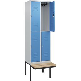 C+P Doppelstock-Spind Classic PLUS Sitzbank, 2 Abteile, lichtgrau / lichtblau, B 600 mm, Zylinderschloss, auskragend, Buche-Hartholz
