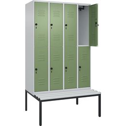C+P Doppelstock-Spind Classic PLUS Sitzbank, 4 Abteile, lichtgrau / resedagrün, B 1200 mm, Sicherheits-Drehriegel, untergebaut, Kunststoff