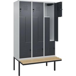 C+P Z-Spind Classic PLUS Sitzbank, 3 Abteile, lichtgrau / grau, B 1200 mm, Sicherheits-Drehriegel, auskragend, Buche-Hartholz