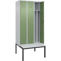 C+P Schwarz-Weiß-Spind Classic PLUS Sitzbank, schmal, 3 Abteile, Trennwand verkürzt, lichtgrau / resedagrün, B 900 mm, Zylinderschloss, untergebaut, Kunststoff