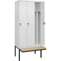 C+P Schwarz-Weiß-Spind Classic PLUS Sitzbank, schmal, 3 Abteile, Trennwand verkürzt, verkehrsweiß, B 900 mm, Sicherheits-Drehriegel, auskragend, Buche-Hartholz