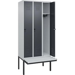 C+P Spind Classic PLUS Sitzbank, 3 Abteile, lichtgrau / grau, B 900 mm, Sicherheits-Drehriegel, auskragend, Kunststoff