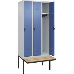 C+P Spind Classic PLUS Sitzbank, 3 Abteile, lichtgrau / fernblau, B 900 mm, Sicherheits-Drehriegel, auskragend, Buche-Hartholz
