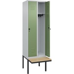 C+P Spind Classic PLUS Sitzbank, 2 Abteile, lichtgrau / resedagrün, B 600 mm, Sicherheits-Drehriegel, auskragend, Buche-Hartholz