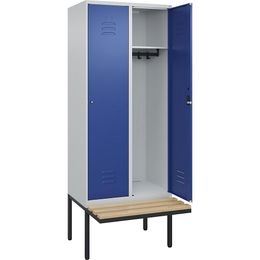 C+P Spind Classic PLUS Sitzbank, 2 Abteile, lichtgrau / enzianblau, B 800 mm, Zylinderschloss, auskragend, Buche-Hartholz
