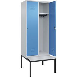 C+P Spind Classic PLUS Sitzbank, 2 Abteile, lichtgrau / lichtblau, B 800 mm, Zylinderschloss, untergebaut, Kunststoff