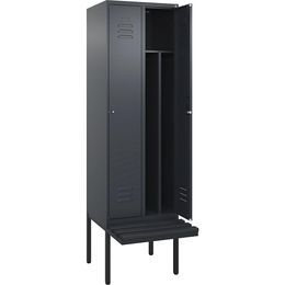 C+P Schwarz-Weiß-Spind Classic PLUS Sitzbank, schmal, 2 Abteile, Trennwand verkürzt, grau, B 600 mm, Zylinderschloss, auskragend, Kunststoff