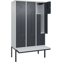 C+P Z-Spind Classic PLUS Sitzbank, 3 Abteile, lichtgrau / grau, B 1200 mm, Zylinderschloss, auskragend, Kunststoff