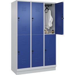 C+P Doppelstock-Spind Classic PLUS, 3 Abteile, lichtgrau / enzianblau, HxB 1950 x 1200 mm, mit Bodensockel, Drehriegel