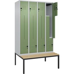 C+P Z-Spind Classic PLUS Sitzbank, 4 Abteile, lichtgrau / resedagrün, B 1200 mm, Sicherheits-Drehriegel, untergebaut, Buche-Hartholz