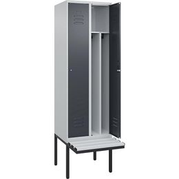 C+P Schwarz-Weiß-Spind Classic PLUS Sitzbank, schmal, 2 Abteile, Trennwand verkürzt, lichtgrau / grau, B 600 mm, Zylinderschloss, auskragend, Kunststoff