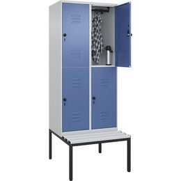 C+P Doppelstock-Spind Classic PLUS Sitzbank, 2 Abteile, lichtgrau / fernblau, B 800 mm, Sicherheits-Drehriegel, untergebaut, Kunststoff