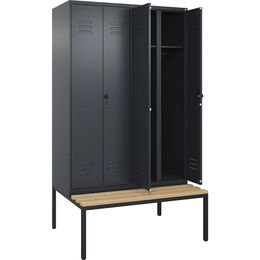 C+P Schwarz-Weiß-Spind Classic PLUS Sitzbank, 2 Abteile, grau, B 1200 mm, Sicherheits-Drehriegel, untergebaut, Buche-Hartholz