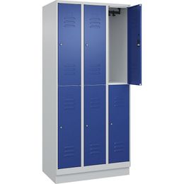 C+P Doppelstock-Spind Classic PLUS, 3 Abteile, lichtgrau / enzianblau, HxB 1950 x 900 mm, mit Bodensockel, Zylinderschloss
