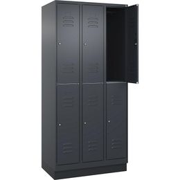 C+P Doppelstock-Spind Classic PLUS, 3 Abteile, grau, HxB 1950 x 900 mm, mit Bodensockel, Zylinderschloss