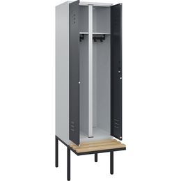 C+P Schwarz-Weiß-Spind Classic PLUS Sitzbank, 1 Abteil, lichtgrau / grau, B 600 mm, Zylinderschloss, auskragend, Buche-Hartholz