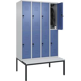 C+P Doppelstock-Spind Classic PLUS Sitzbank, 4 Abteile, lichtgrau / fernblau, B 1200 mm, Sicherheits-Drehriegel, untergebaut, Kunststoff