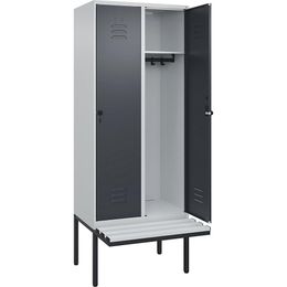 C+P Spind Classic PLUS Sitzbank, 2 Abteile, lichtgrau / grau, B 800 mm, Sicherheits-Drehriegel, auskragend, Kunststoff