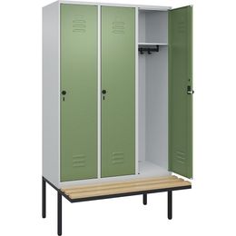 C+P Spind Classic PLUS Sitzbank, 3 Abteile, lichtgrau / resedagrün, B 1200 mm, Sicherheits-Drehriegel, auskragend, Buche-Hartholz