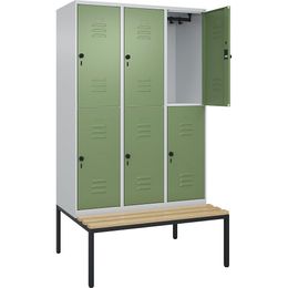 C+P Doppelstock-Spind Classic PLUS Sitzbank, 3 Abteile, lichtgrau / resedagrün, B 1200 mm, Sicherheits-Drehriegel, untergebaut, Buche-Hartholz