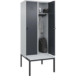 C+P Spind Classic PLUS Sitzbank, 2 Abteile, lichtgrau / grau, B 800 mm, Sicherheits-Drehriegel, untergebaut, Kunststoff