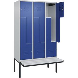 C+P Z-Spind Classic PLUS Sitzbank, 3 Abteile, lichtgrau / enzianblau, B 1200 mm, Zylinderschloss, auskragend, Kunststoff