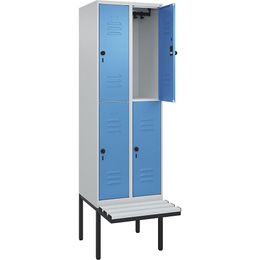 C+P Doppelstock-Spind Classic PLUS Sitzbank, 2 Abteile, lichtgrau / lichtblau, B 600 mm, Sicherheits-Drehriegel, auskragend, Kunststoff