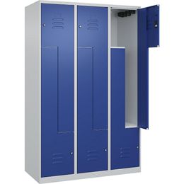 C+P Z-Spind Classic PLUS, 3 Abteile, lichtgrau / enzianblau, B 1200 mm, mit Bodengleitern, Zylinderschloss
