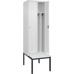 C+P Schwarz-Weiß-Spind Classic PLUS Sitzbank, schmal, 2 Abteile, Trennwand verkürzt, verkehrsweiß, B 600 mm, Zylinderschloss, untergebaut, Kunststoff