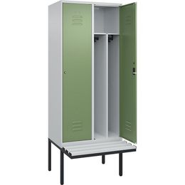 C+P Schwarz-Weiß-Spind Classic PLUS Sitzbank, schmal, 2 Abteile, Trennwand verkürzt, lichtgrau / resedagrün, B 800 mm, Zylinderschloss, auskragend, Kunststoff