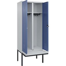 C+P Schwarz-Weiß-Spind Classic PLUS Sitzbank, 1 Abteil, lichtgrau / fernblau, B 800 mm, Sicherheits-Drehriegel, auskragend, Kunststoff