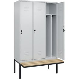C+P Schwarz-Weiß-Spind Classic PLUS Sitzbank, schmal, 3 Abteile, Trennwand verkürzt, lichtgrau, B 1200 mm, Sicherheits-Drehriegel, auskragend, Buche-Hartholz