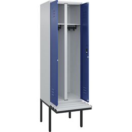 C+P Schwarz-Weiß-Spind Classic PLUS Sitzbank, 1 Abteil, lichtgrau / enzianblau, B 600 mm, Zylinderschloss, auskragend, Kunststoff