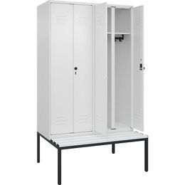 C+P Schwarz-Weiß-Spind Classic PLUS Sitzbank, 2 Abteile, verkehrsweiß, B 1200 mm, Sicherheits-Drehriegel, untergebaut, Kunststoff