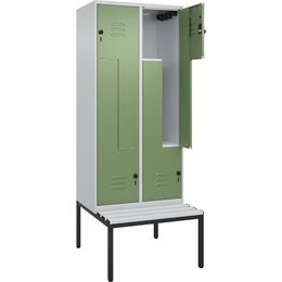 C+P Z-Spind Classic PLUS Sitzbank, 2 Abteile, lichtgrau / resedagrün, B 800 mm, Sicherheits-Drehriegel, untergebaut, Kunststoff